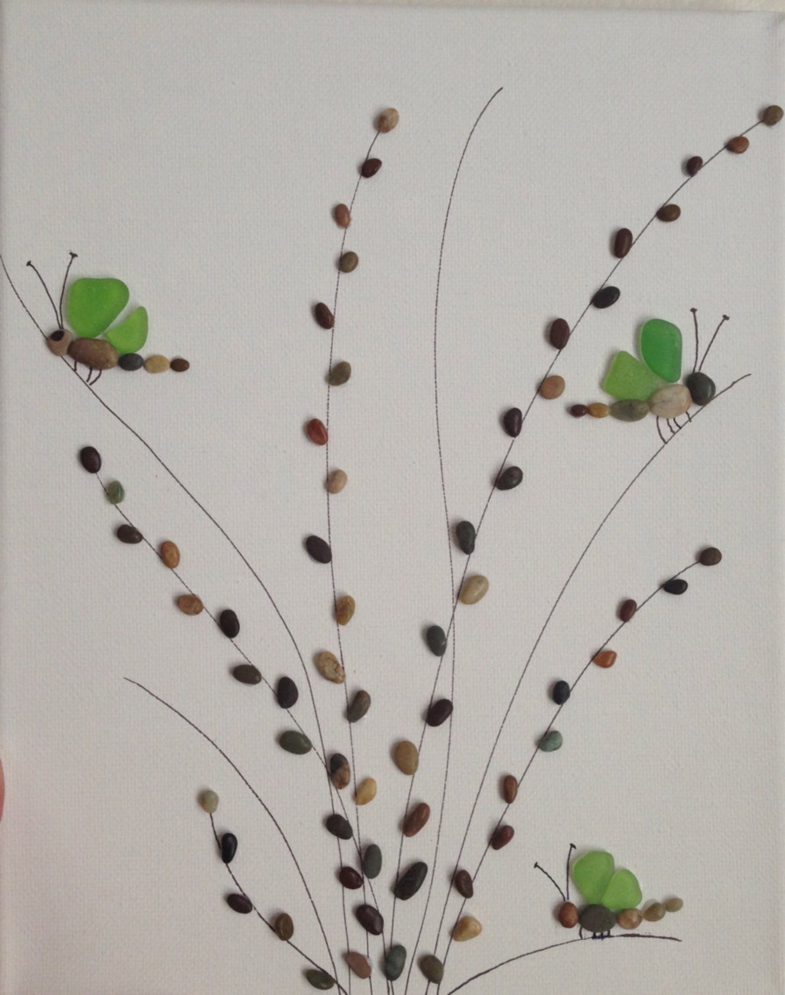 Pebble And Sea Glass Art Pebble Art Beach Stones Canvas Artwork Collage Dragonflies Etsy