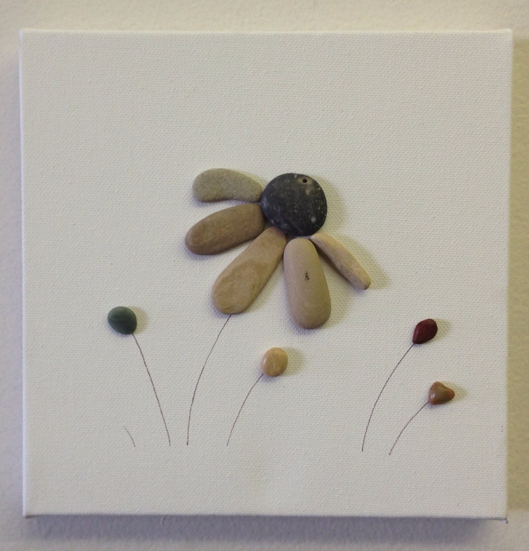 Beach Stone Artwork/ Pebble Art/ Canvas Art/ Collage-black-eyed Susan ...