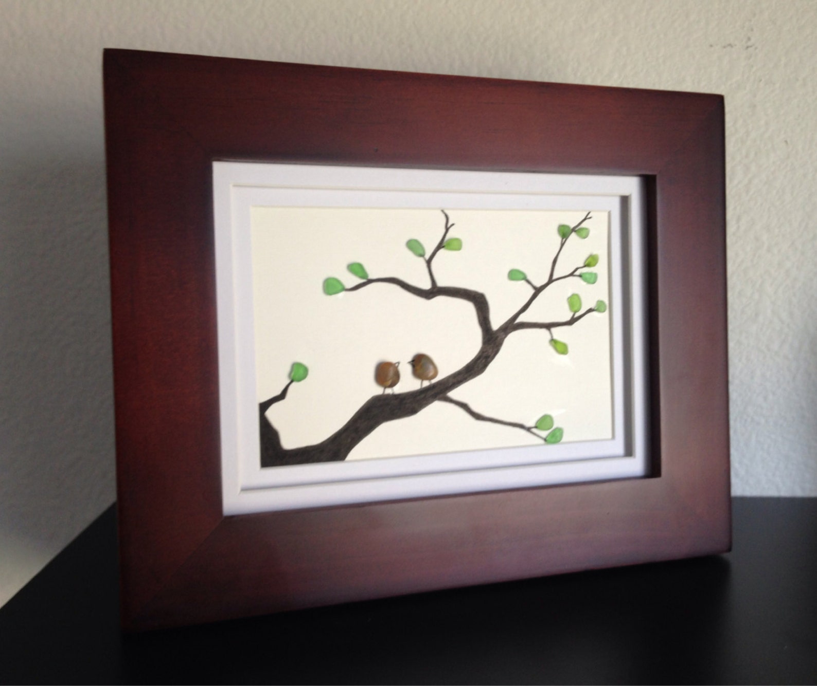 Genuine Green Sea Glass Art Pebble Art Home Decor Beach Decor Wall Art Birds Tree Couple