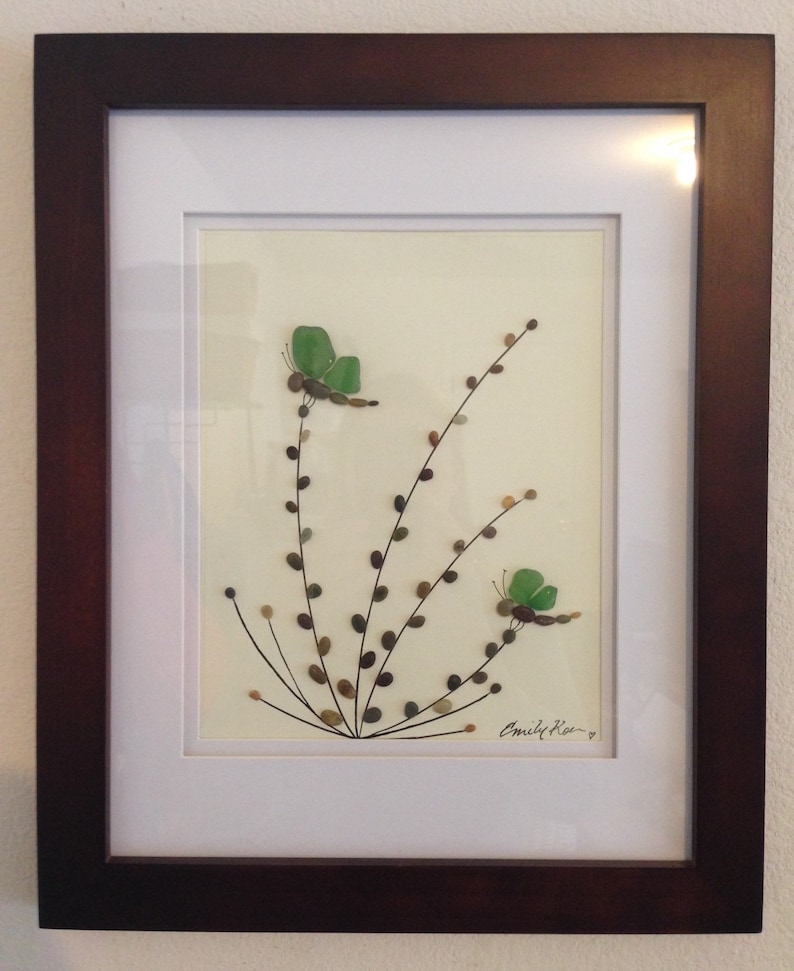 Genuine Green Sea Glass Art Pebble Art Dragonflies Collage Wall Decor Framed Artwork Home