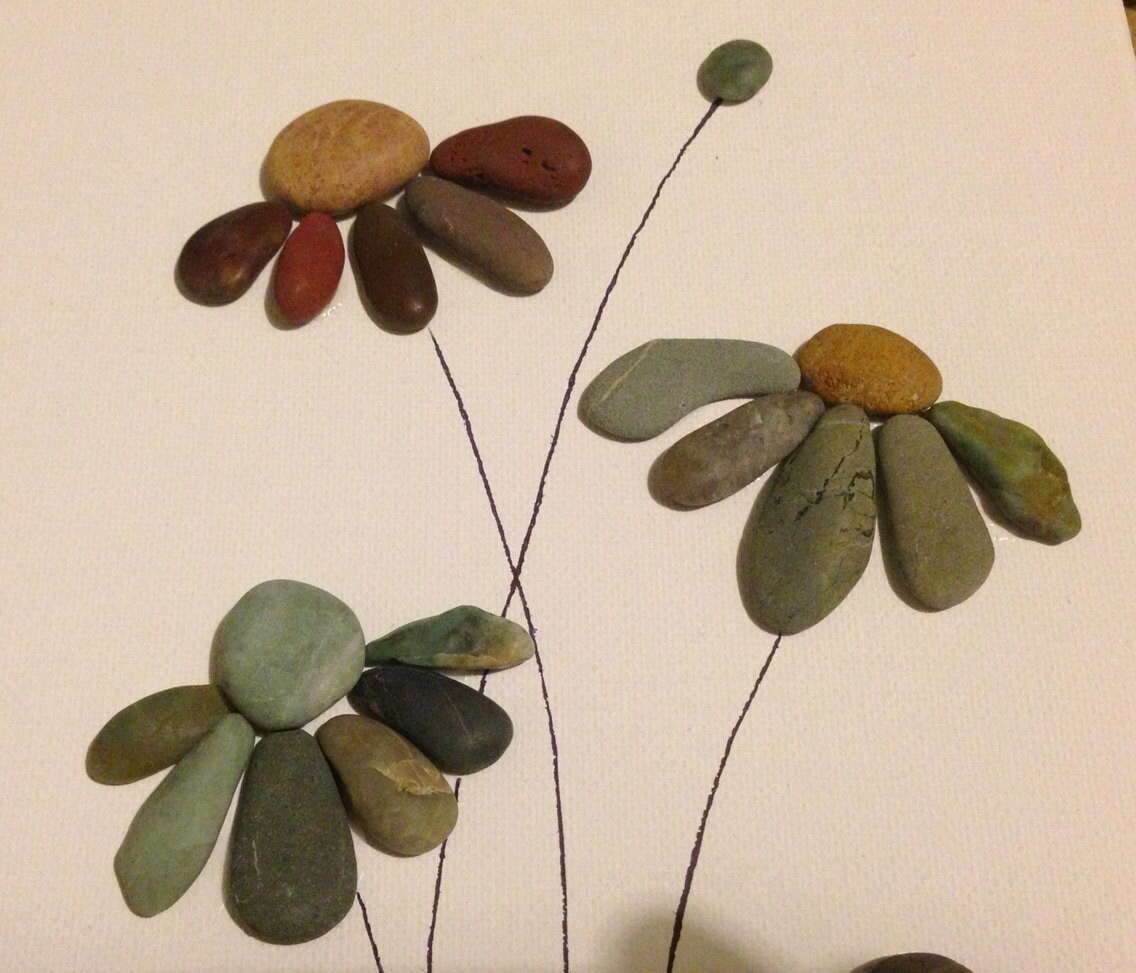 Black Eyed Susan Flower/ Pebble Art/ Collage/ Canvas Art/ Beach Stone ...