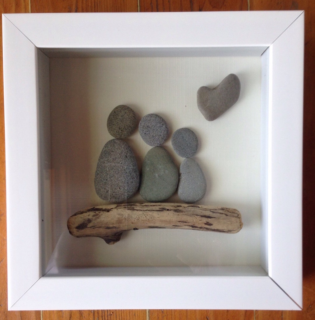 Pebble Art, Family of 3 Representation, Shadowbox, Driftwood Accent ...