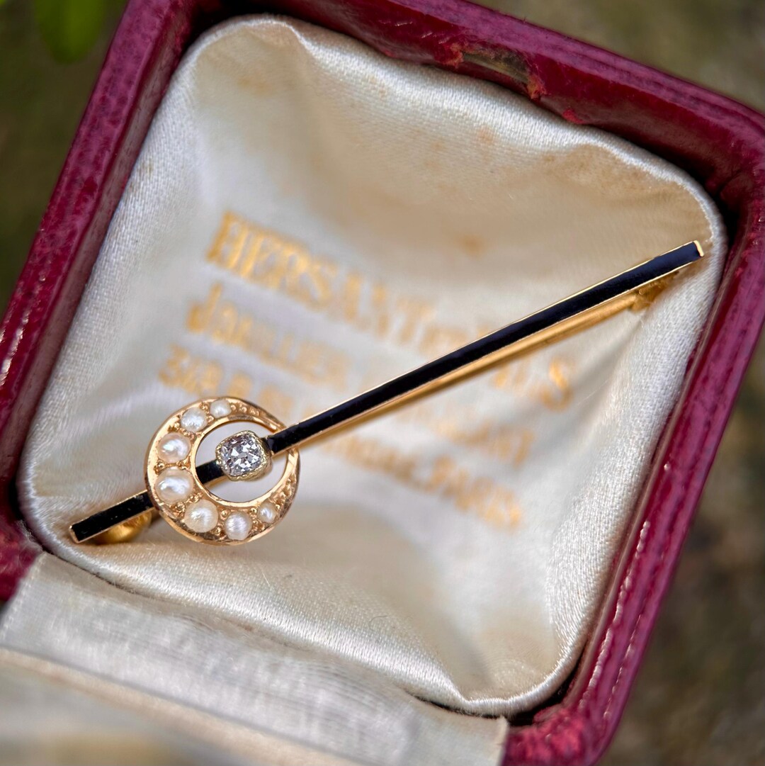 A Striking Antique 15 Carat Gold, Enamel, Pearl and Diamond Crescent ...