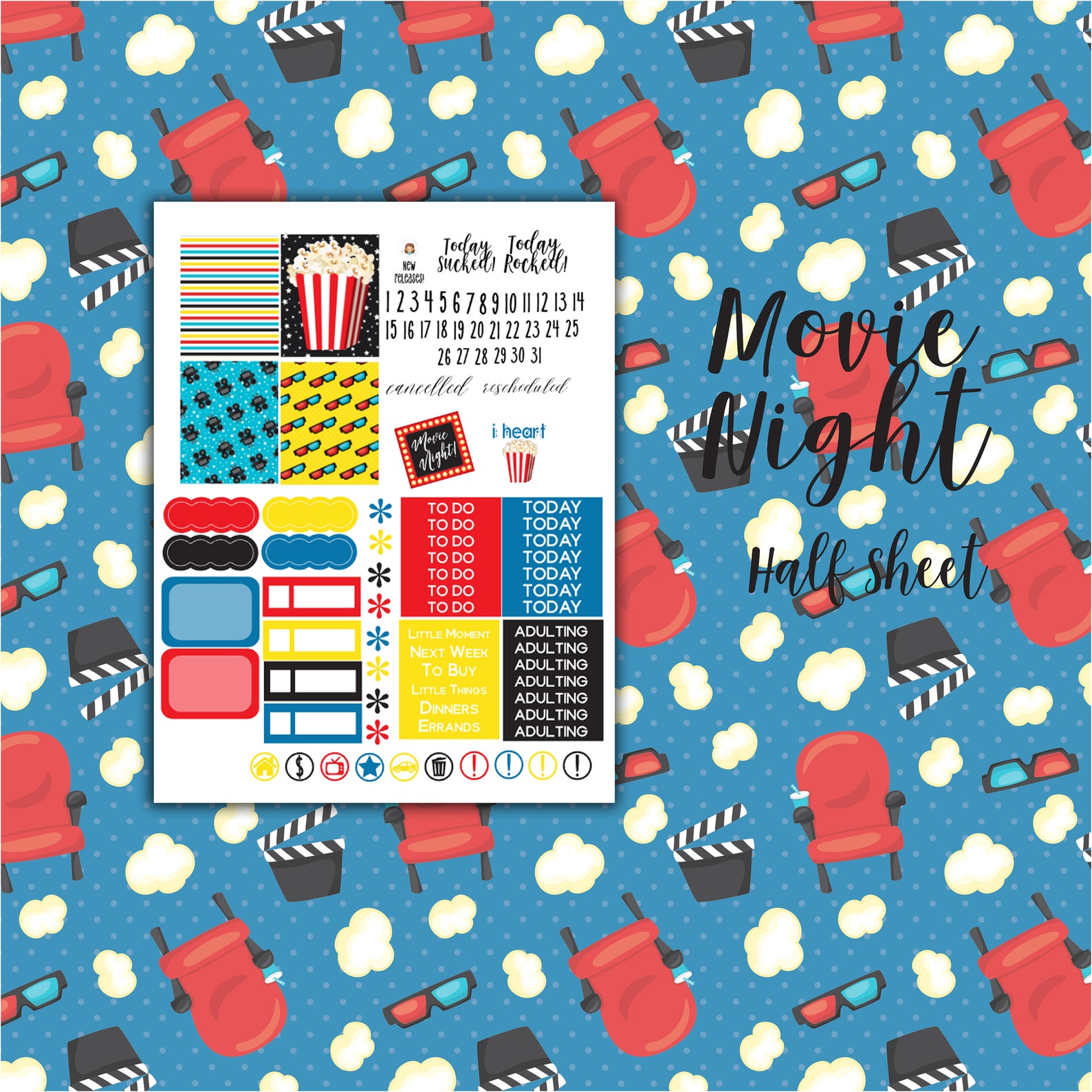 Movie Night Weekly Planner Stickers Kit - for Use With Erin Condren ...