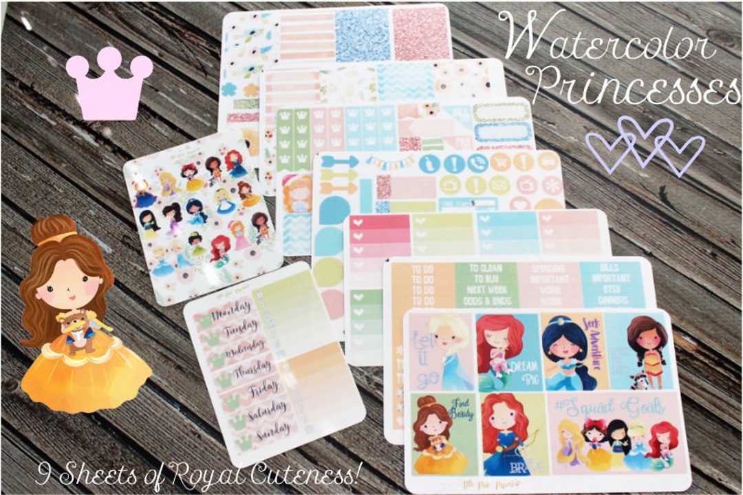 Watercolor Princess Weekly Full Planner Stickers Kit - Rapunzel Alice ...