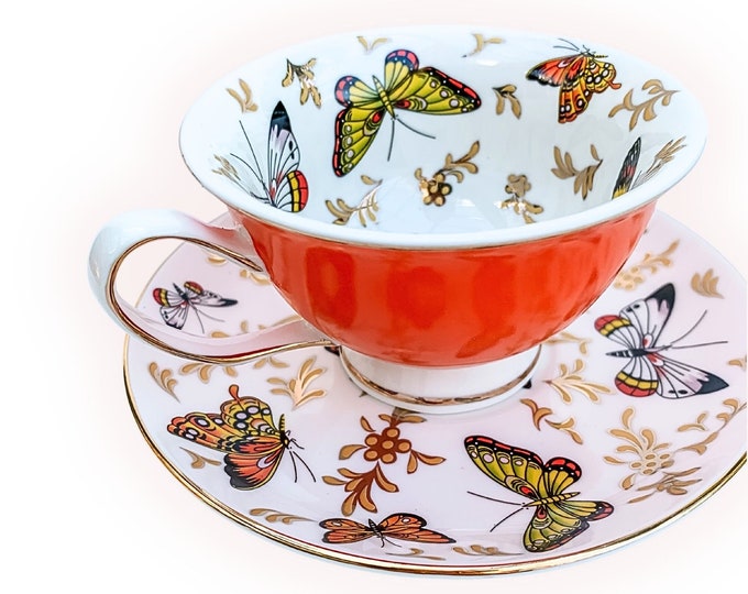 Orange Butterfly Tea Cup and Saucer | Monarch Butterfly Mug | Gift for ...