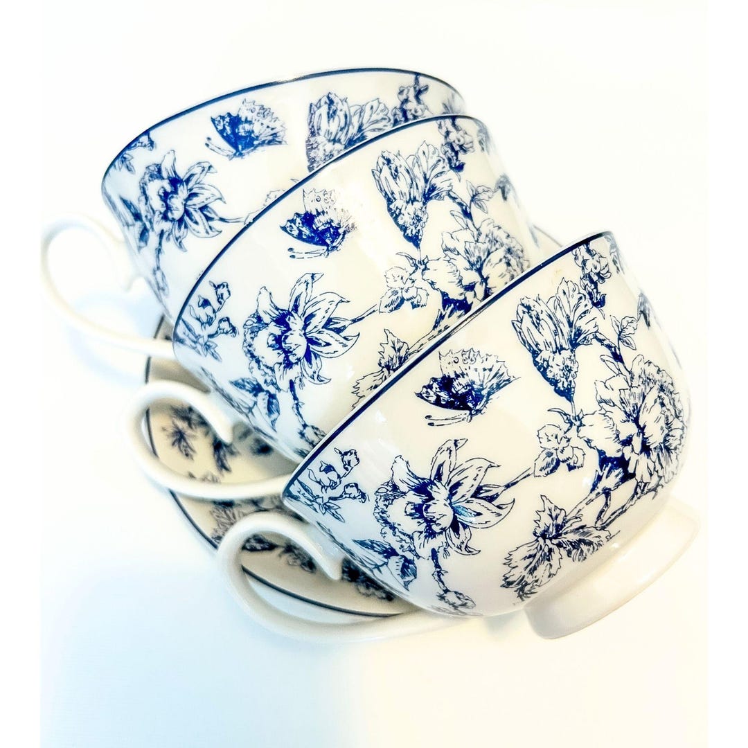IMPERFECT Blue and White Toile Tea Cups & Saucers W Minor Imperfections ...
