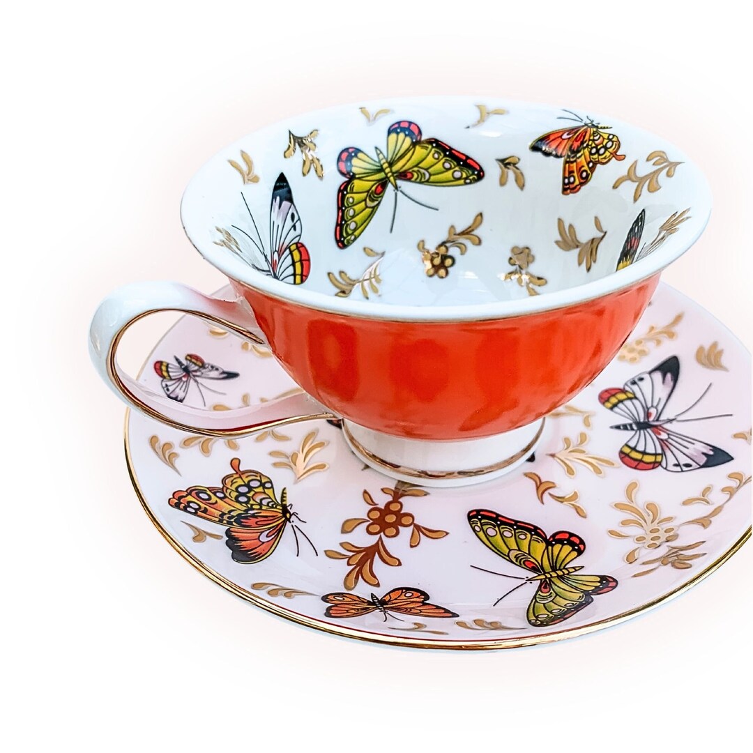 Orange Butterfly Tea Cup and Saucer Monarch Butterfly Mug Gift for Mom ...