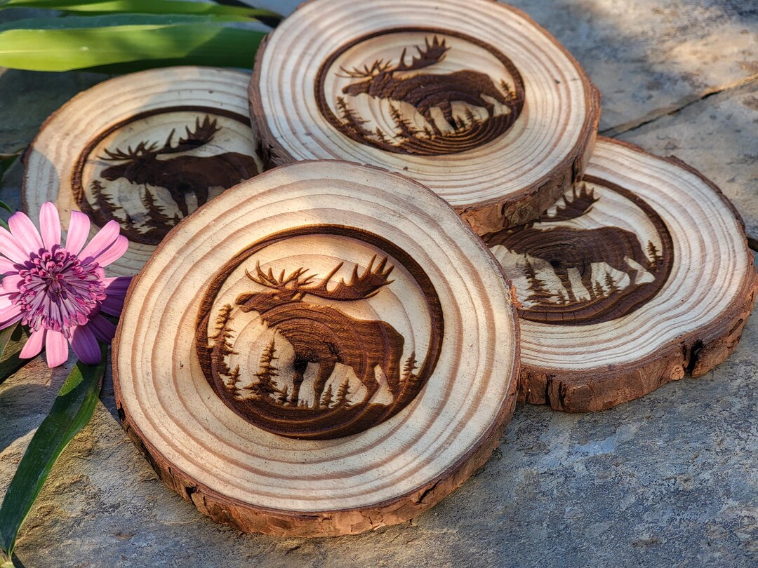 Moose Engraved Live Edge Wooden Coasters Set - Perfect Gift for Wedding ...