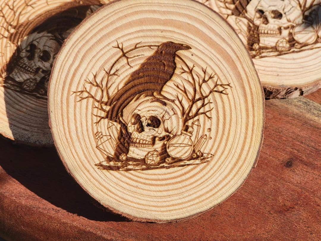 Raven Skull Engraved Live Edge Wooden Coasters Set - Perfect Gift for ...