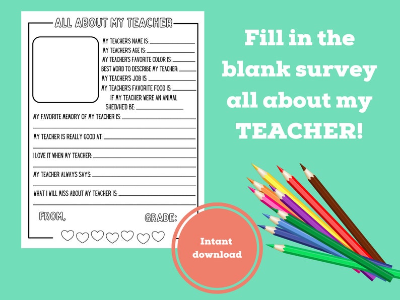 All About My Teacher Printable Teacher Appreciation End of - Etsy
