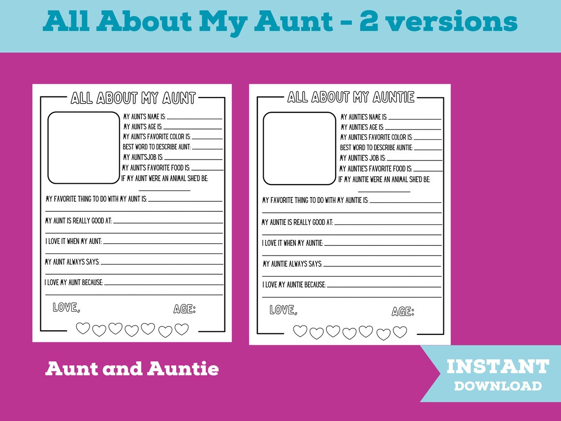 All About My Aunt Printable | Mother's Day, Birthday Questionnaire From ...