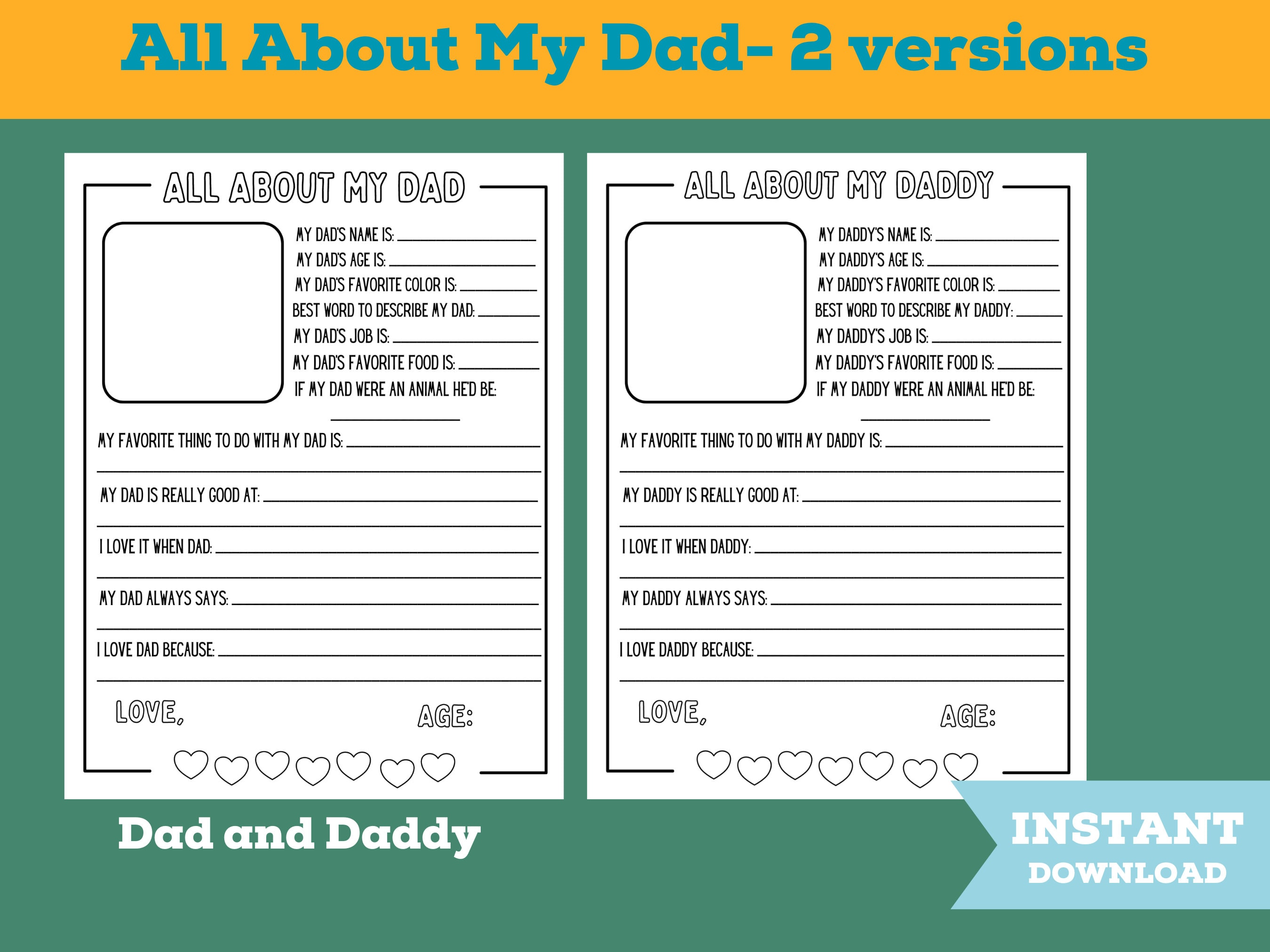 All About My Dad Printable Father's Day, Birthday Questionnaire From ...