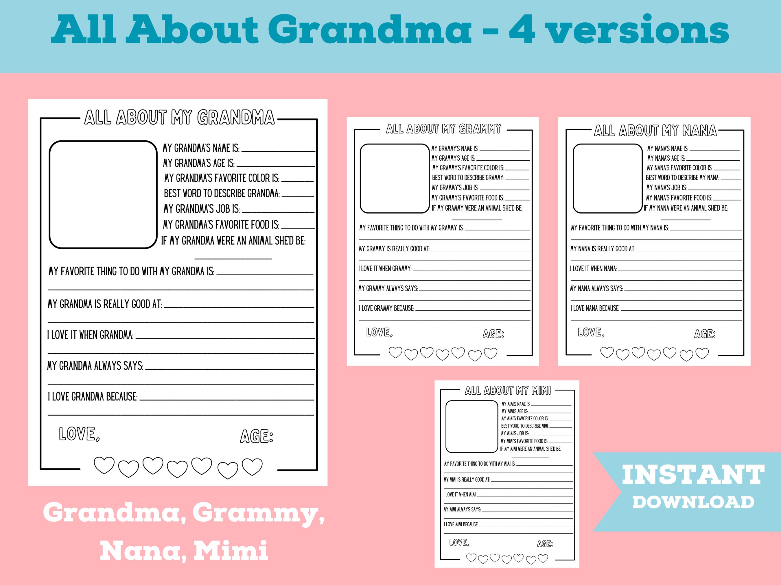 All About My Grandma Printable | Mother's Day, Birthday Questionnaire ...