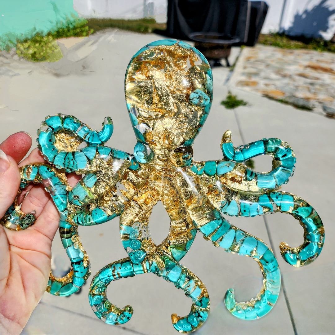 Clear Octopus With Turquoise Stones and Gold Leaf Bottom Encased in ...