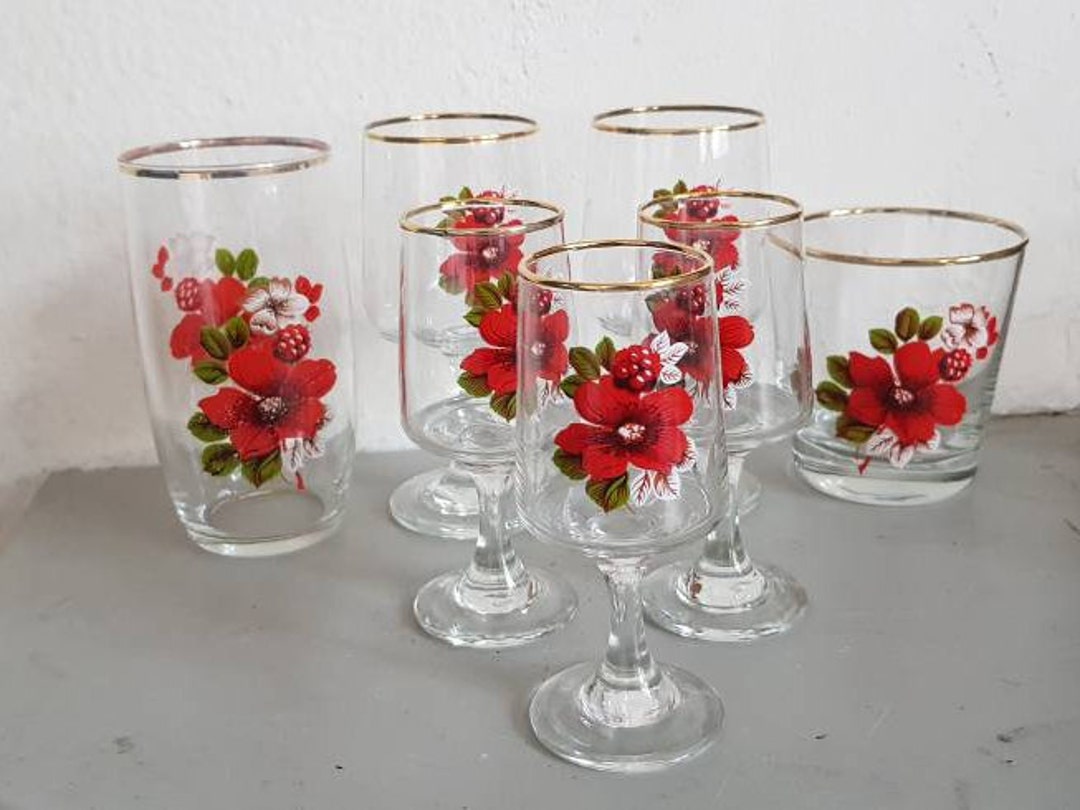 7 Mid Century Assorted Drinking Glasses Red Raspberries - Etsy