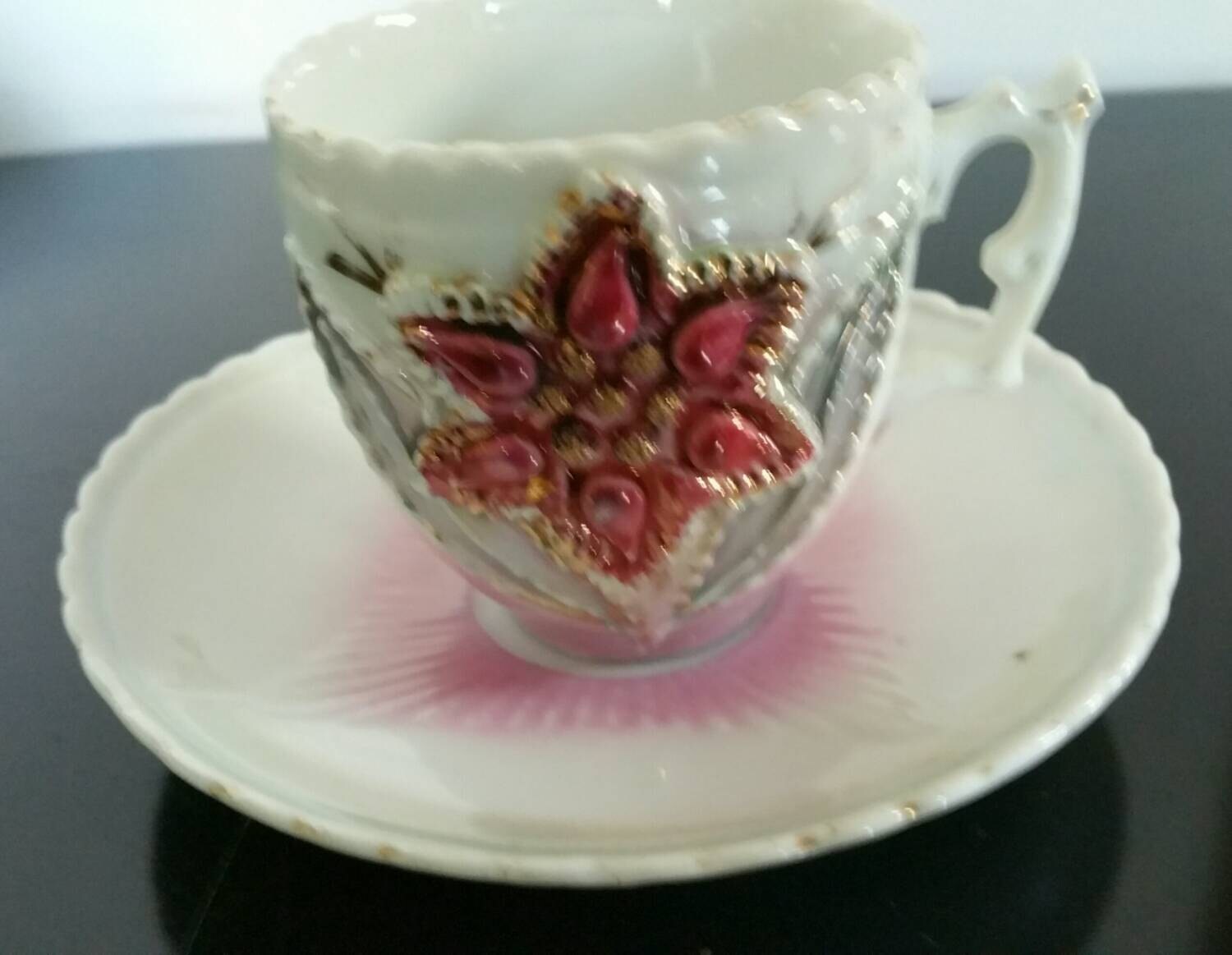 Antique German Demi Tasse Cup and Saucers Pink and White Floral - Etsy
