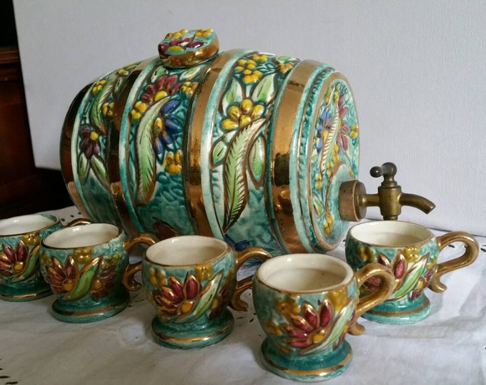 Vintage Ceramic Spirit Barrel and 5 Shot Glasses Capodimonte Style ...