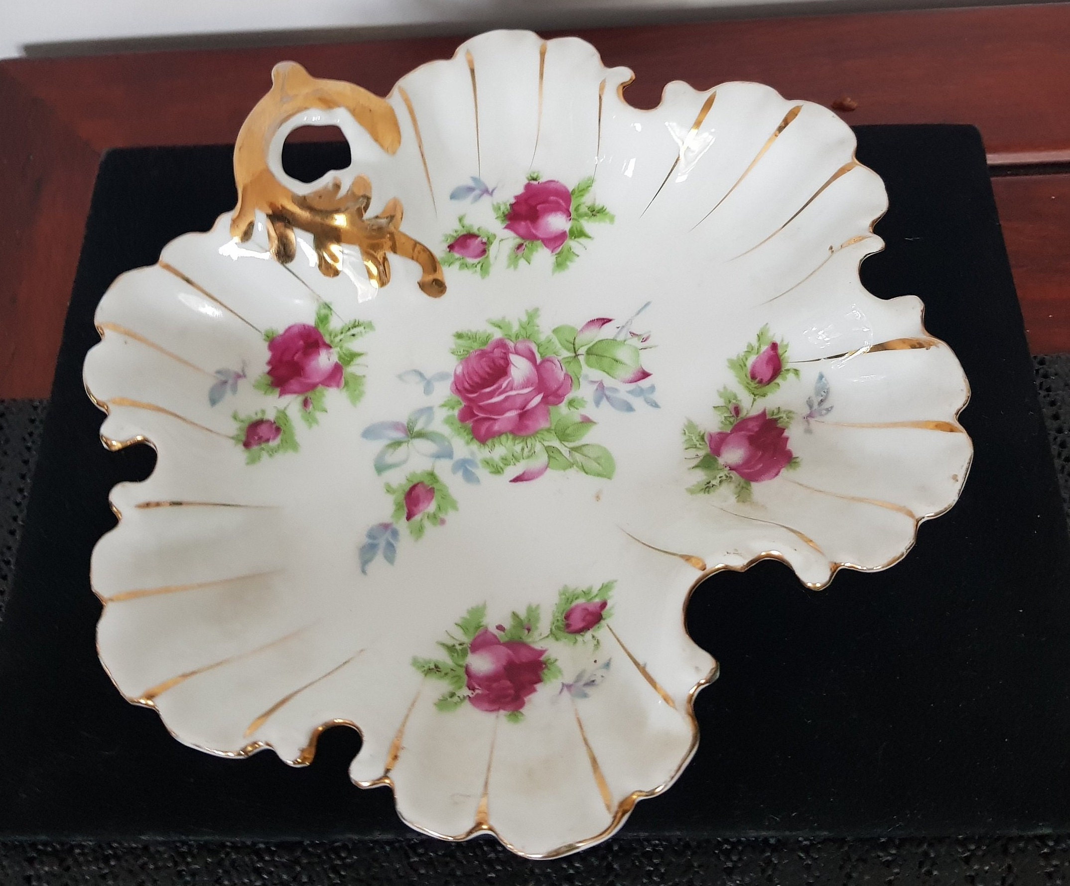 Mid Century Lefton China Hand Painted Rose's Leaf Shaped Dish Gold Rim ...