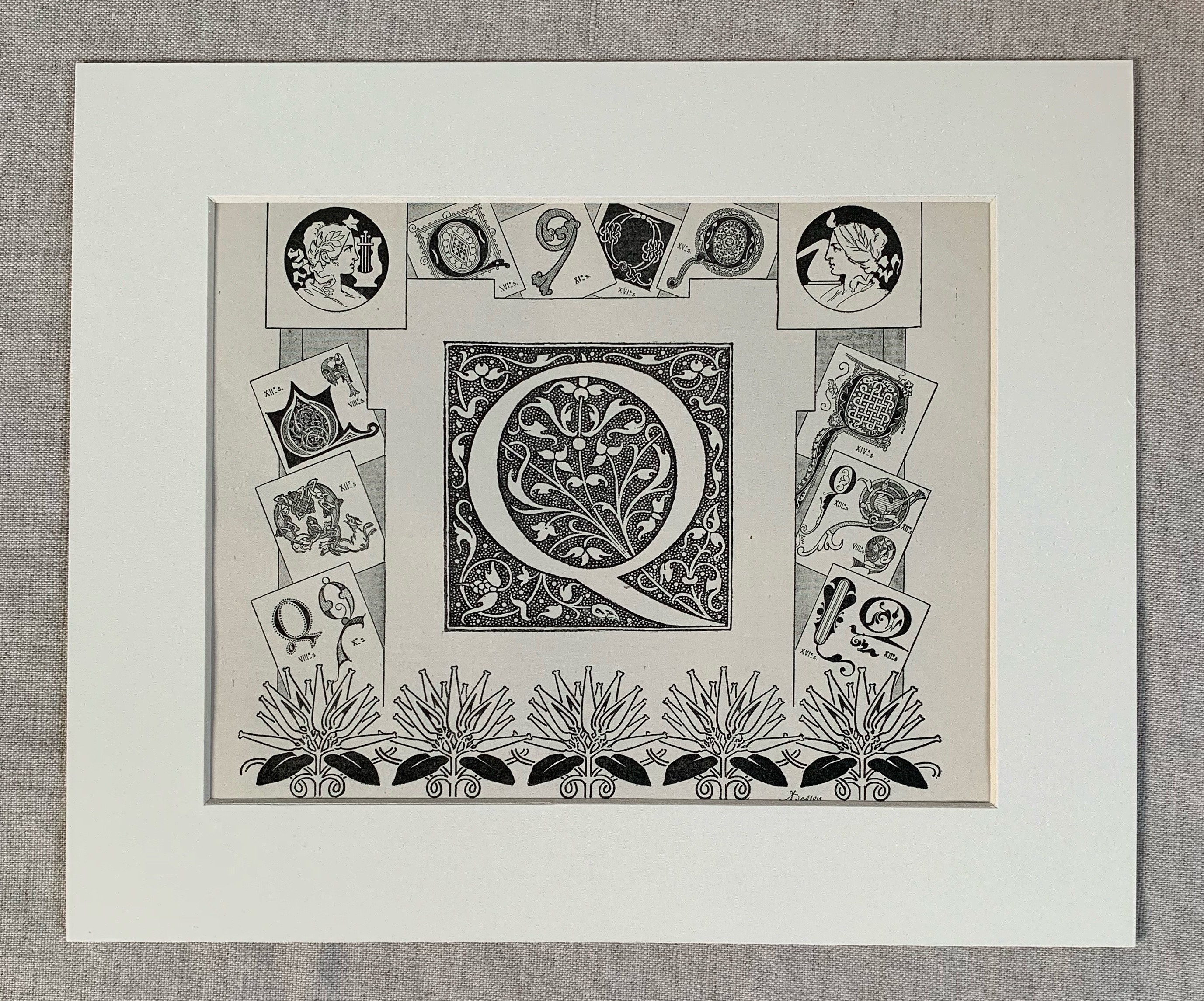 Original 1890's Antique French Initial Letter Q Calligraphy Lithograph ...