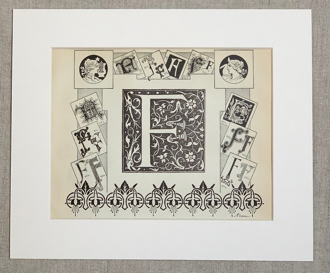Original 1890's Antique French Initial Letter F Calligraphy Lithograph ...