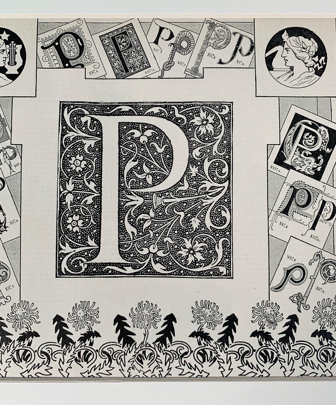 Original 1890's Antique French Initial Letter P Calligraphy Lithograph ...