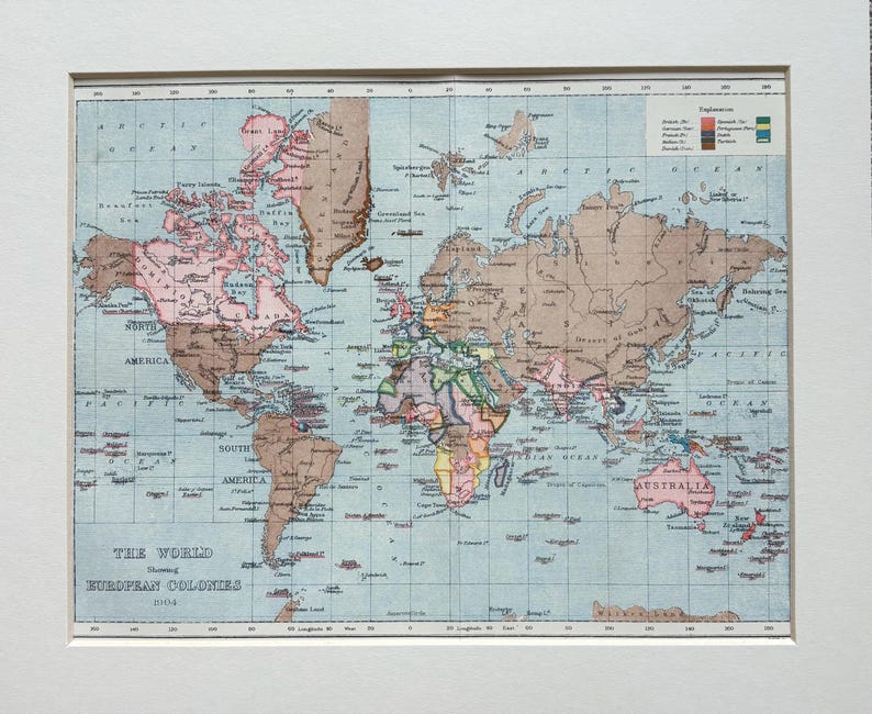 Circa 1900 Original Vintage World Map Print - European Colonies ...