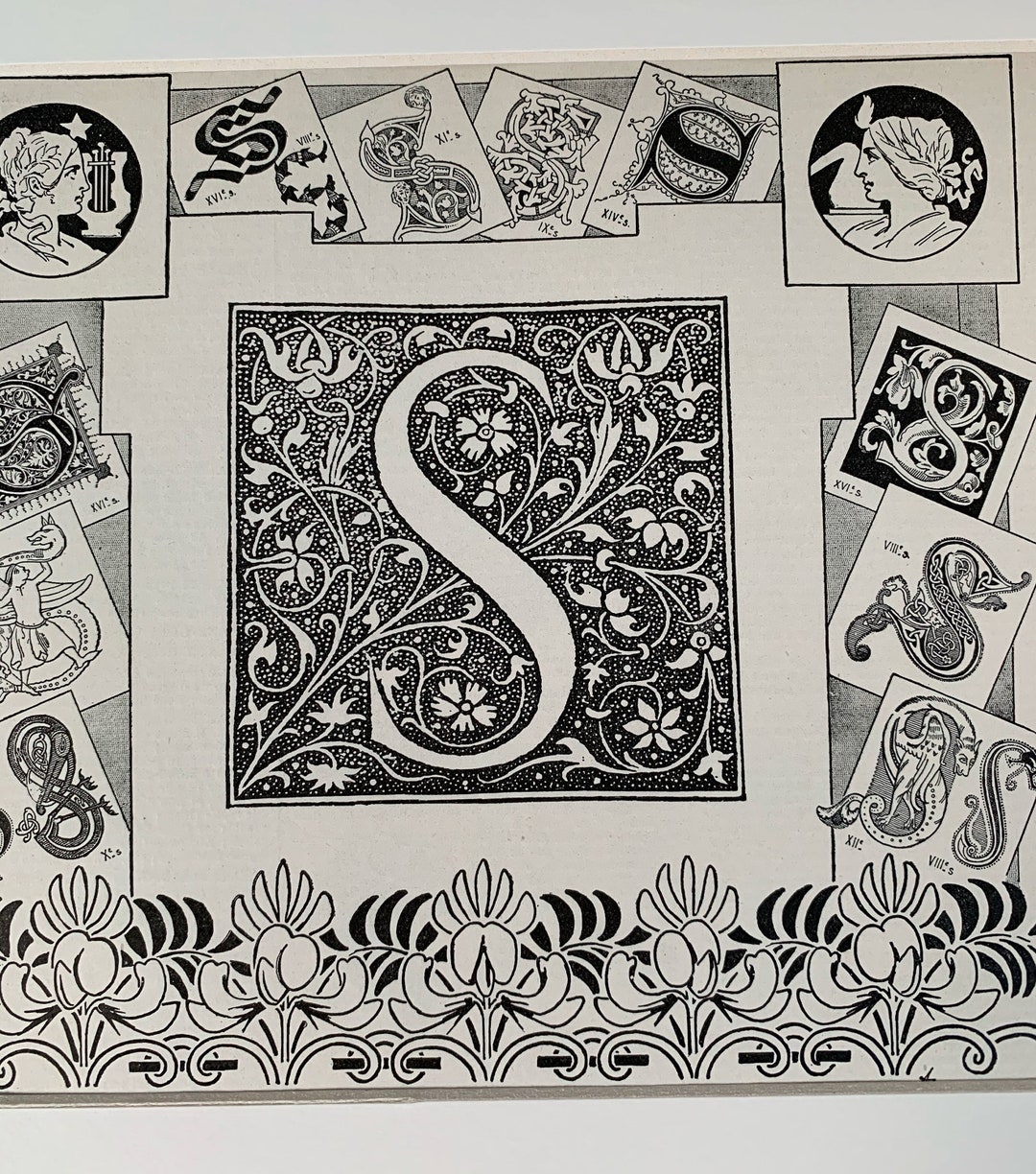 Original 1890's Antique French Initial Letter S Calligraphy Lithograph ...