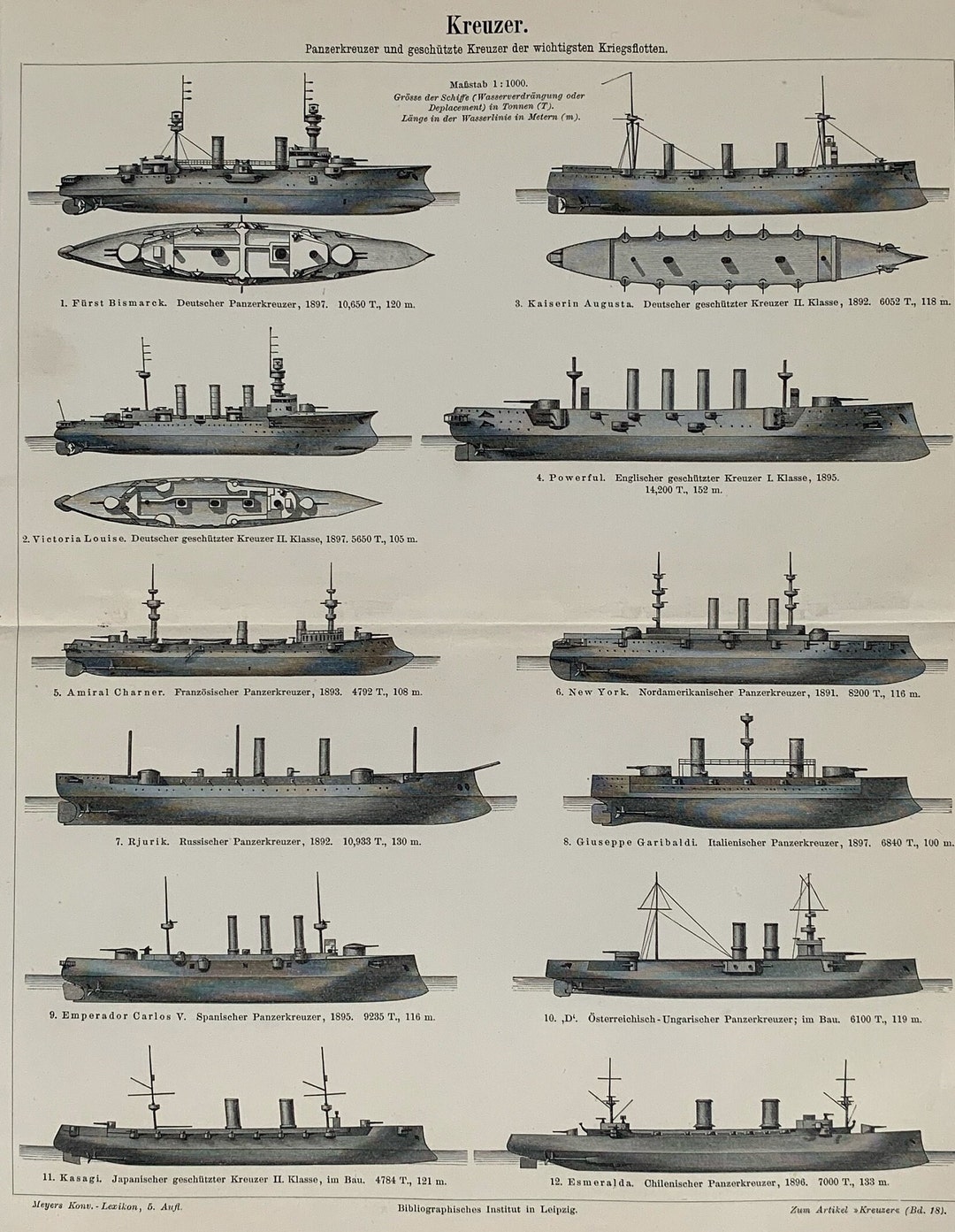 1897 Original Antique Lithograph Print of Cruiser Ships, Mounted ...