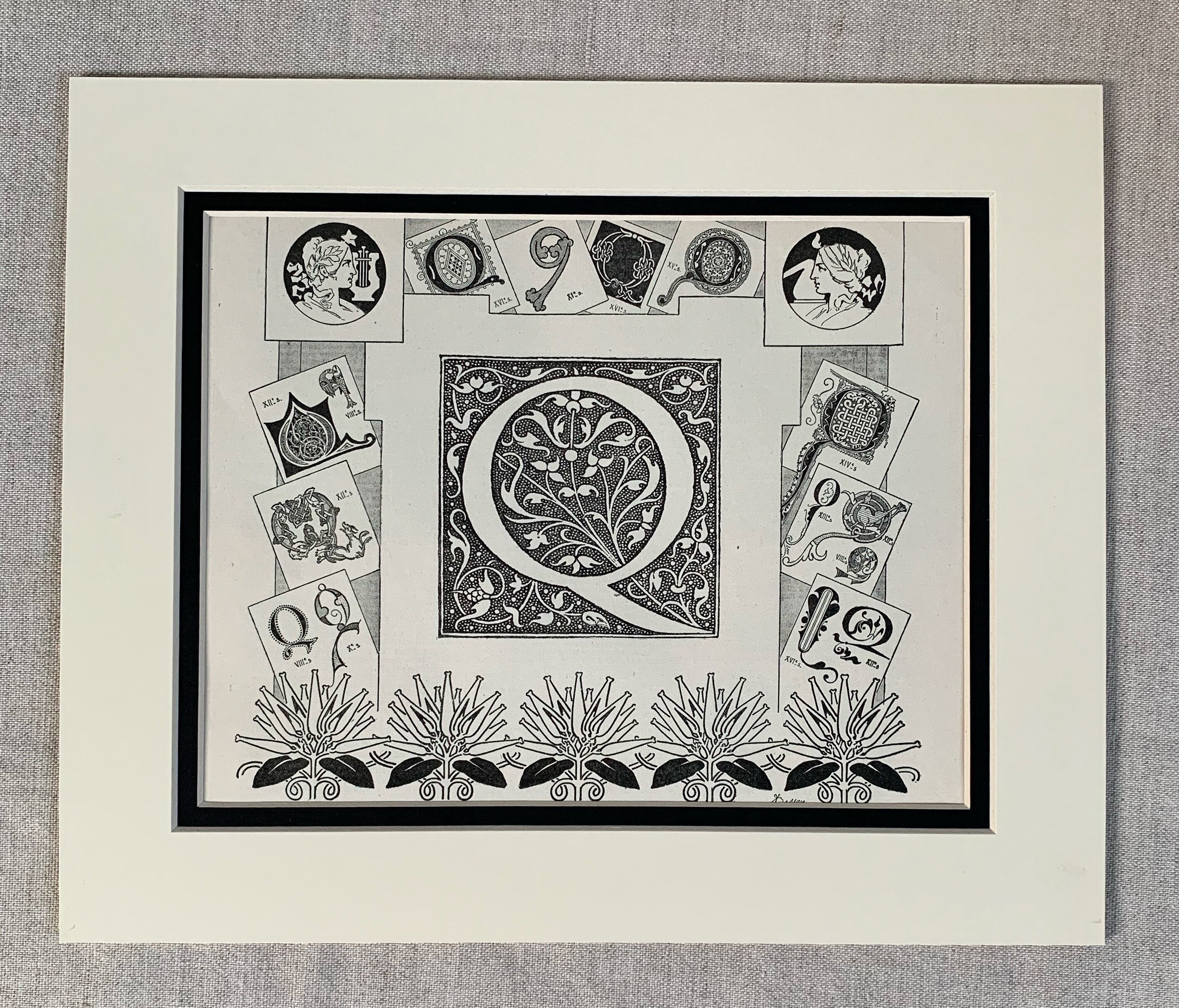 Original 1890's Antique French Initial Letter Q Calligraphy Lithograph ...