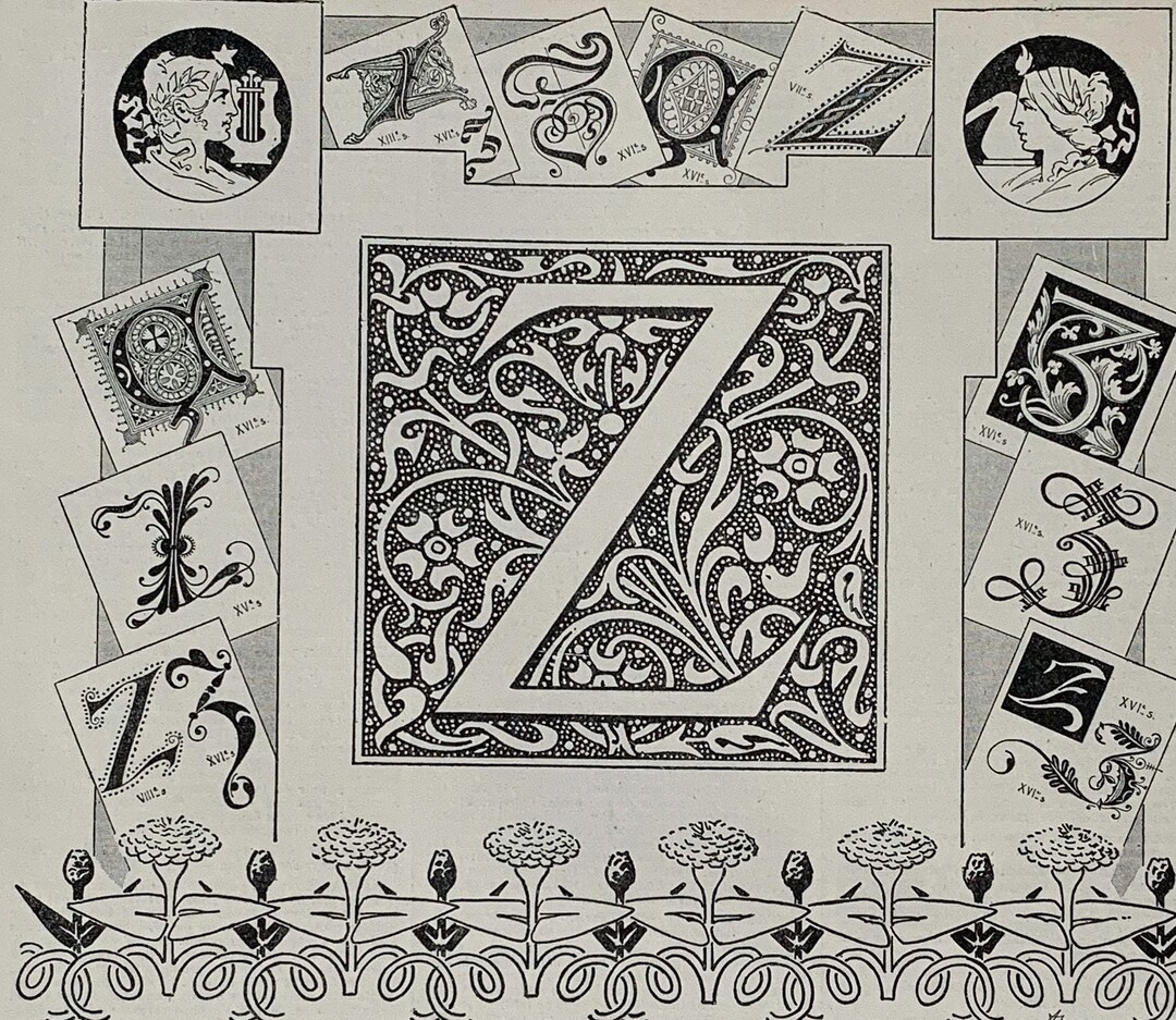 Original 1890's Antique French Initial Letter Z Calligraphy Lithograph ...