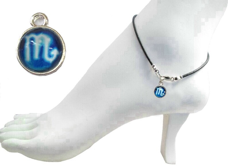 Black Leather Zodiac Symbol Charm Anklet Sterling Silver Clasp Cancer ...