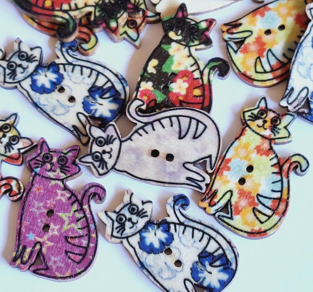 25 Cute Cat Buttons 2 Hole Flat Wood Buttons Perfect for Sewing ...