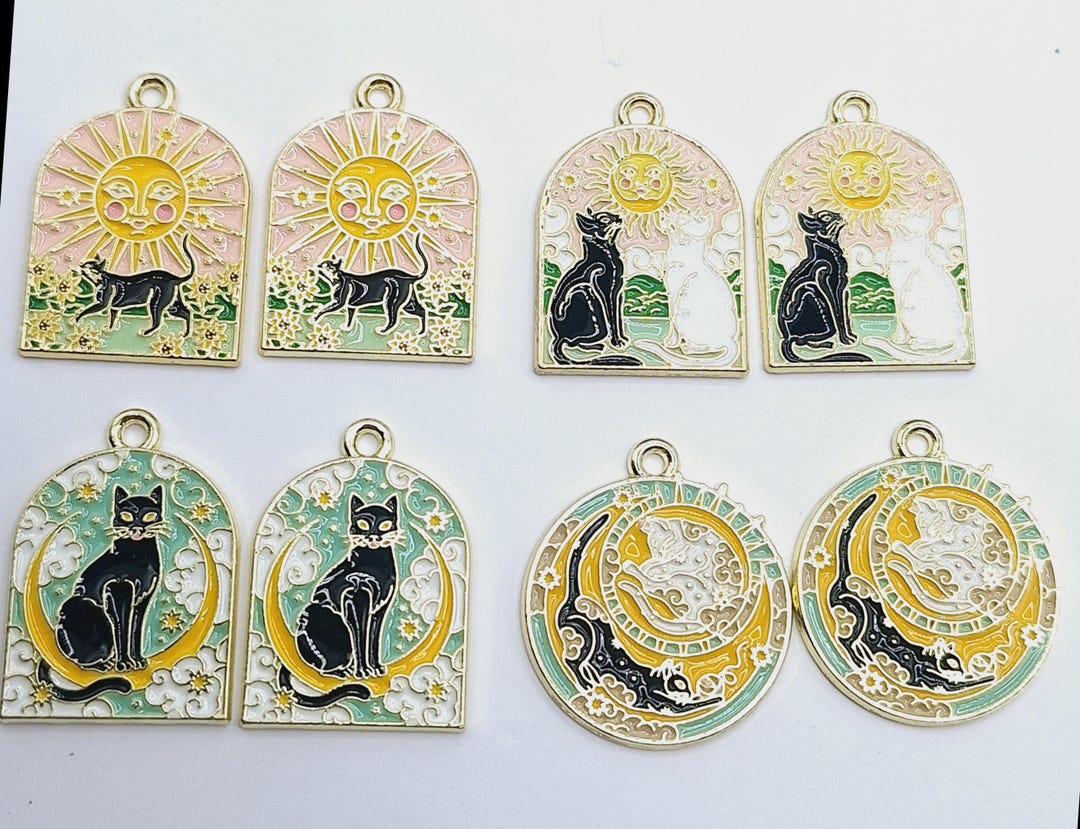 2 Black CAT Charms Moon and Sun Enameled Metal Your Choice for Jewelry ...