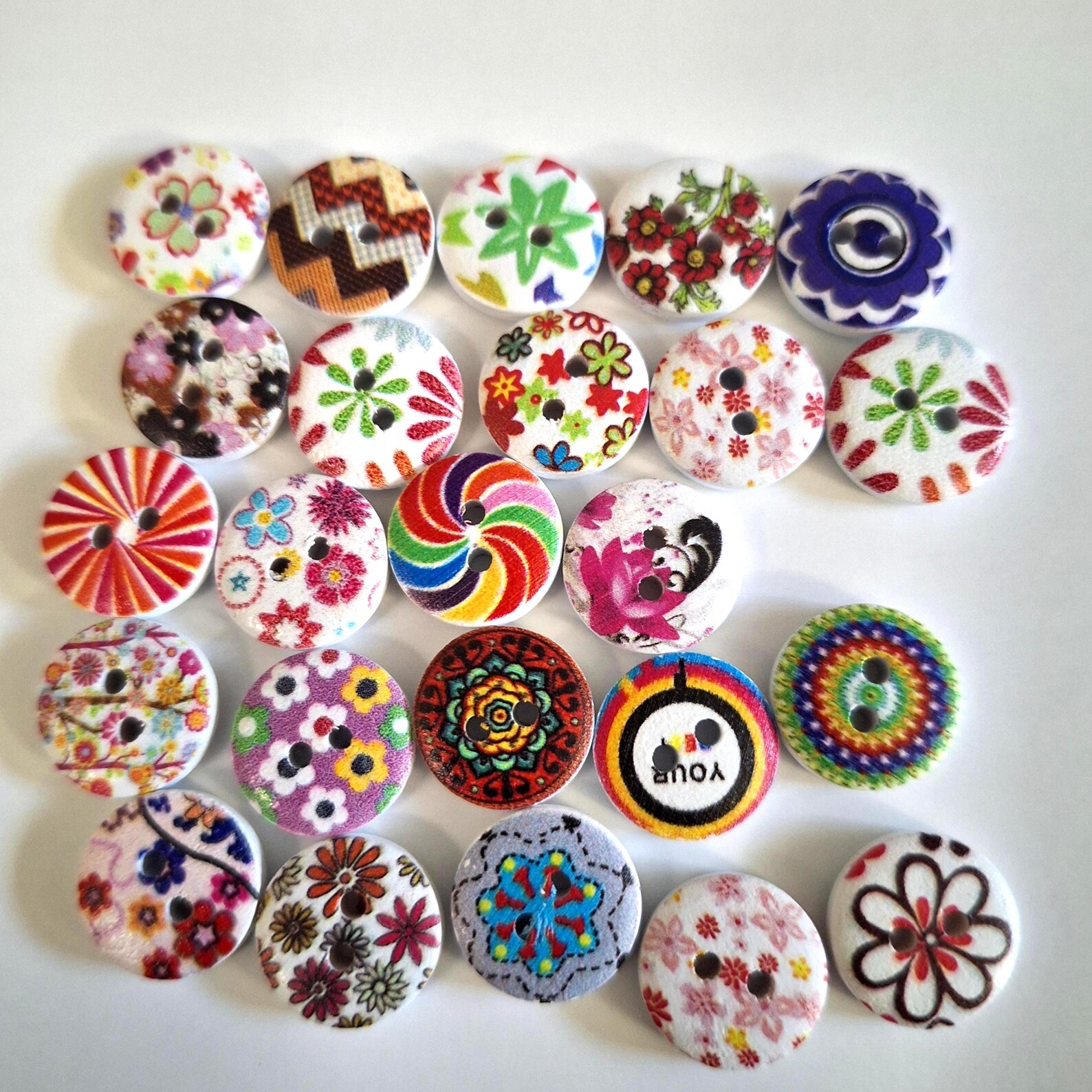 25 Assorted and Colorful Flat Wood Buttons With White Backing. Perfect ...