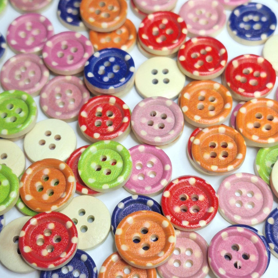 20 Assorted Polka Dotted Round Buttons 15mm 4 Hole Flat Wood Buttons ...