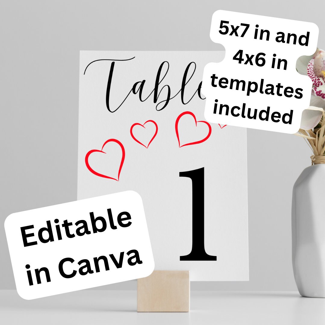 Red Hearts Table Number Editable Canva Template for Wedding, Shower ...