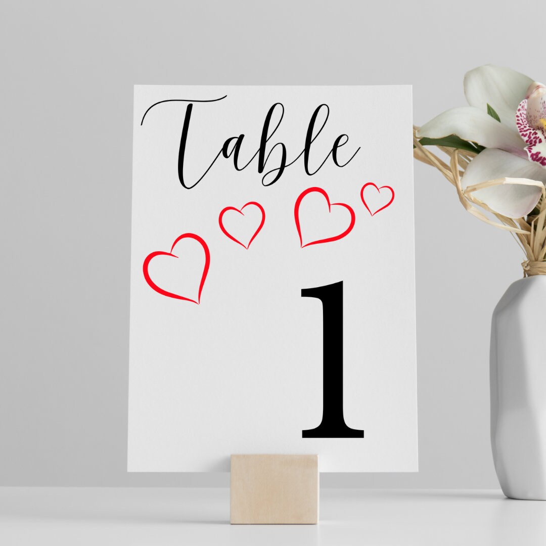 Red Hearts Table Number Editable Canva Template for Wedding, Shower ...