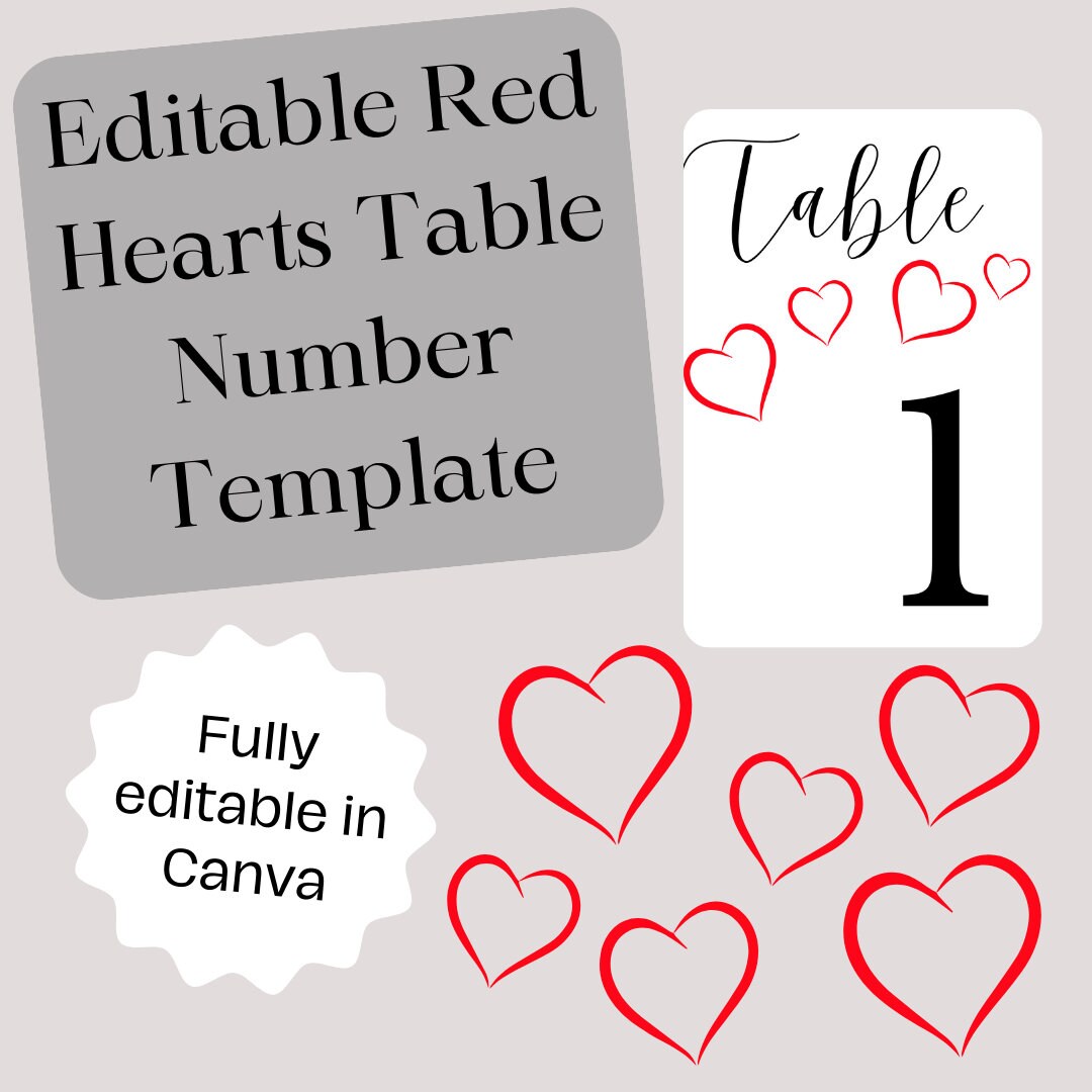 Red Hearts Table Number Editable Canva Template for Wedding, Shower ...