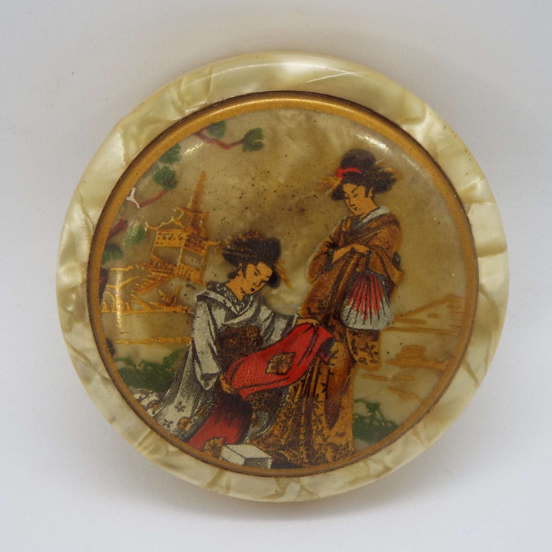 Vintage Celluloid Powder Compact Japanese Scene to Lid Geisha Girls ...