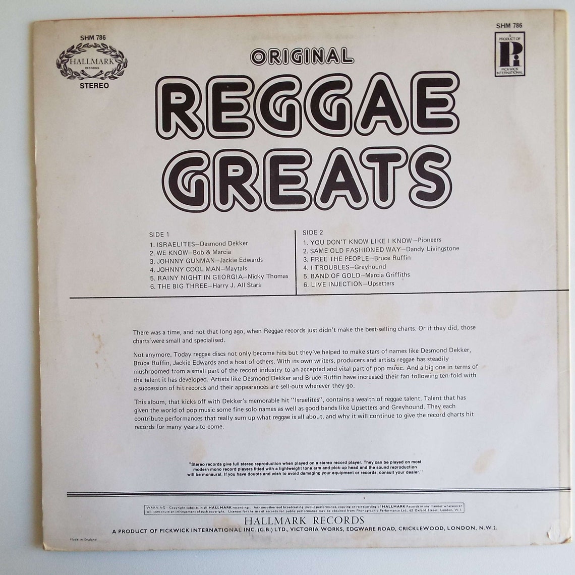 Original Reggae Greats LP Vintage Vinyl Record UK Pressing Ska Reggae ...