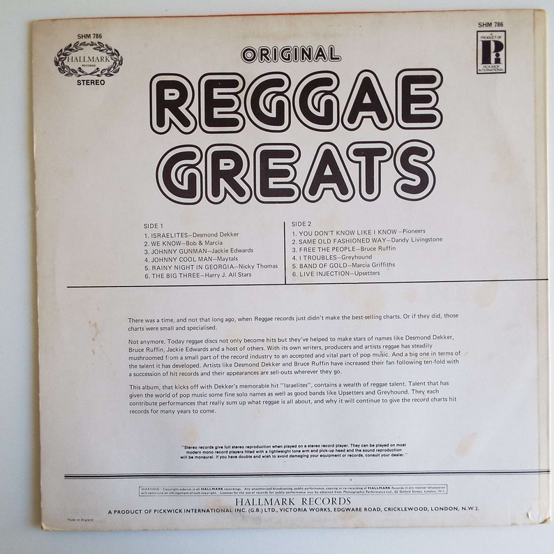 Original Reggae Greats LP Vintage Vinyl Record UK Pressing Ska Reggae ...