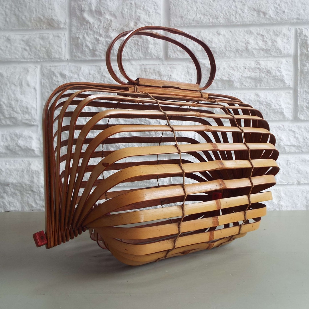 Rare Vintage 1950's Bamboo & String Handbag Purse Crab Catcher Basket ...