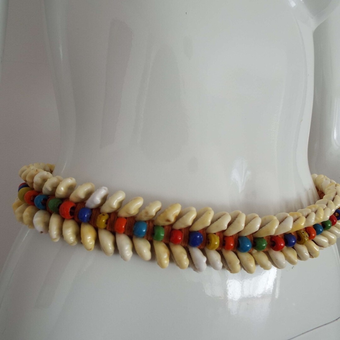Vintage Belt Cowrie Shell & Glass Bead Belt Multi-coloured Belt Cowire ...