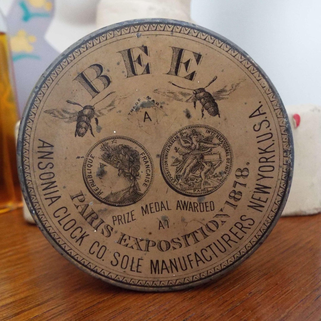 Antique Ansonia Clock Bee Tin Empty Clock Tin Container Vintage Storage ...