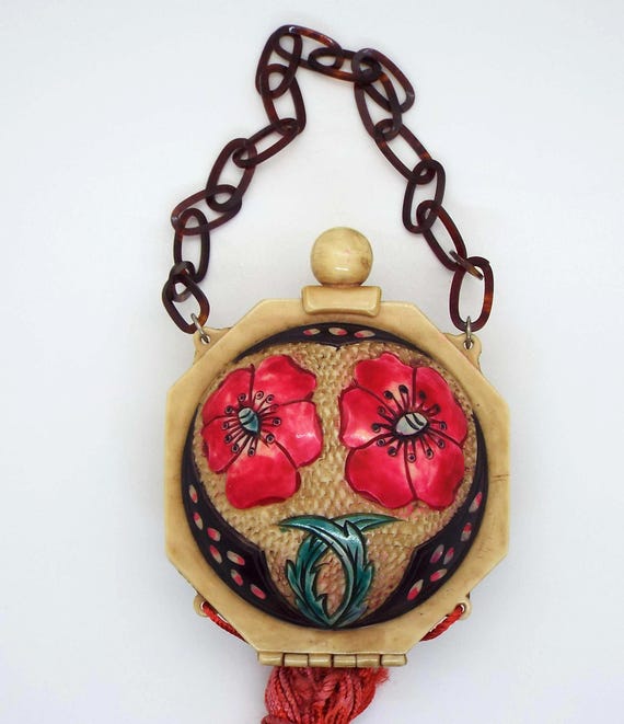 Rare Antique Celluloid Powder Compact Purse Evening B… - Gem