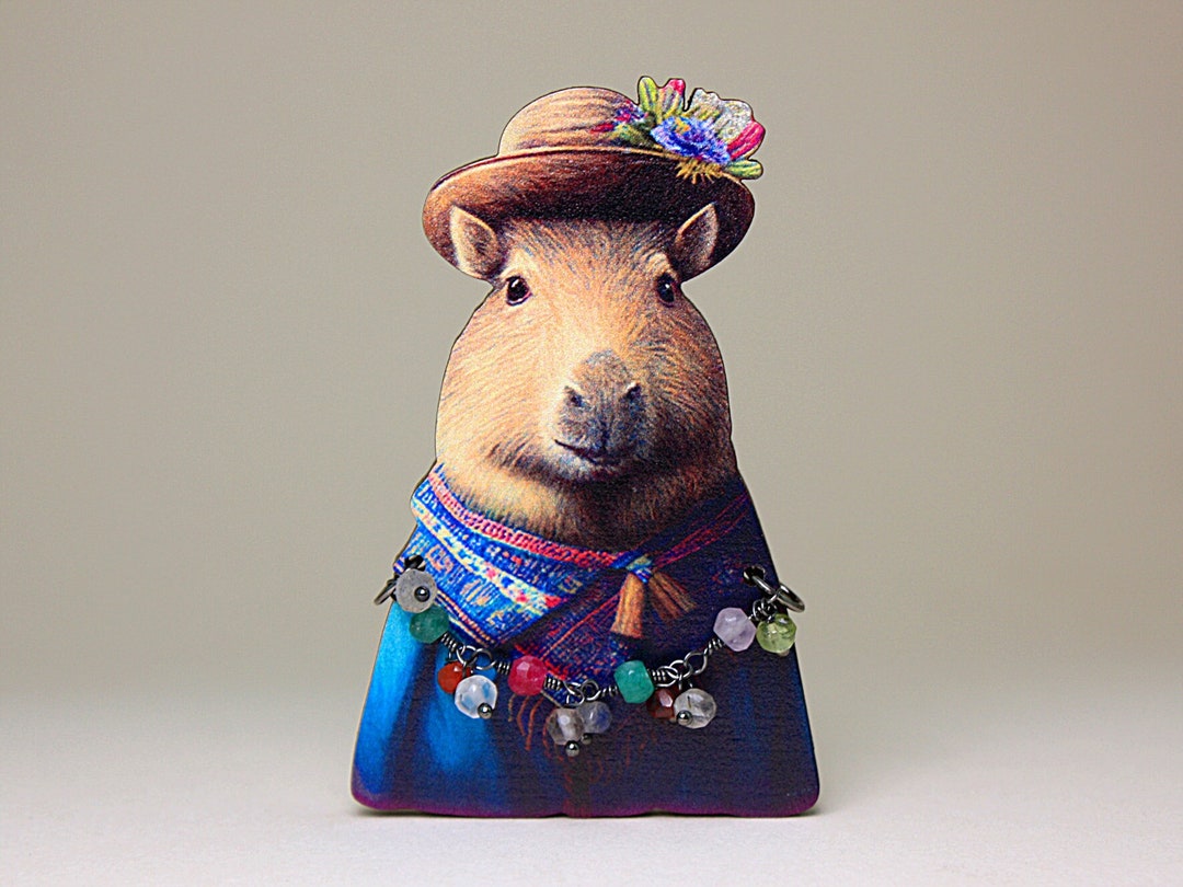 HAPY CAPY ++ Whimsical Wooden Brooch Pin Capybara Flowers Boho Ethno ...