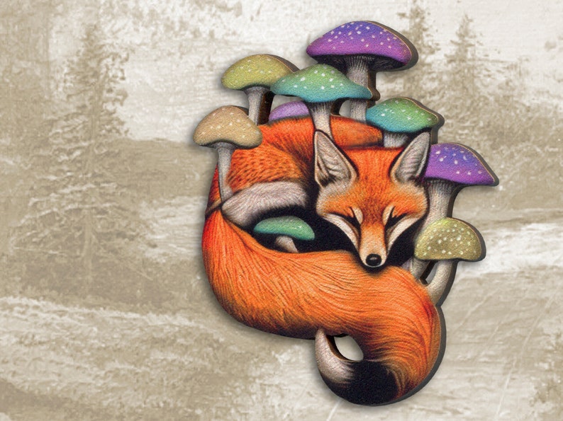 Whimsical Wooden Brooch Pin "foxy & Fungi" Gift Lasercut Jewelry Red ...