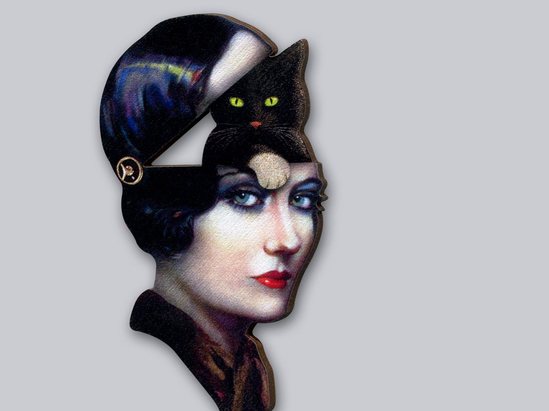 Whimsical Wooden Brooch Pin "cat Empire" Black Cat Charm Crazy Lady ...