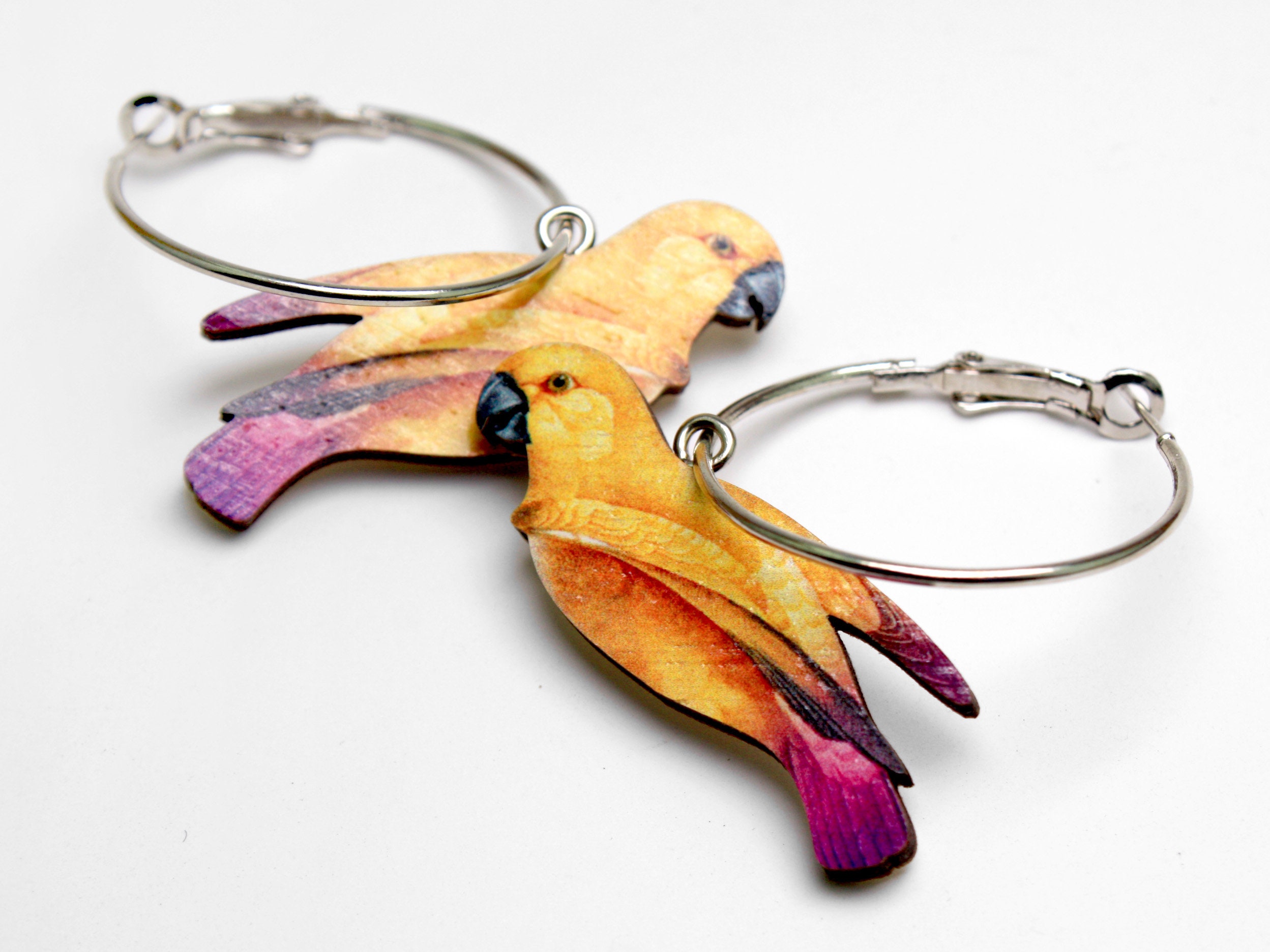 Whimsical wooden hoop earrings creole BIRDS OF | Etsy